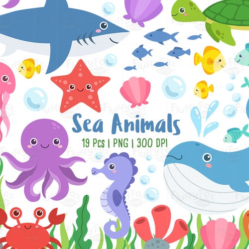 Sea Creatures Clipart Set Sea Animals Clip Art Crab Fish - Etsy