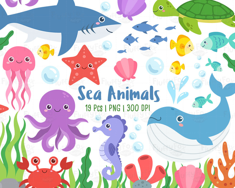Ocean Animal Clipart, Sea Animals Clip Art, Marine Life Creatures Crab ...