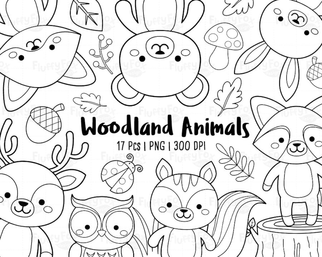 Woodland Animals Digital Stamp, Forest Kids Coloring, Cute Lineart Fox ...