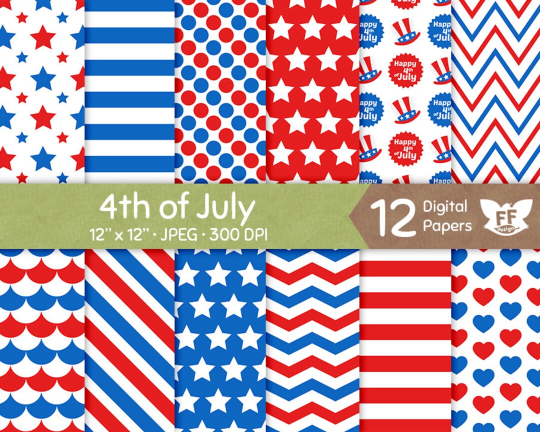 4th of July Digital Paper, Red and Blue Patterns, Independence Day ...