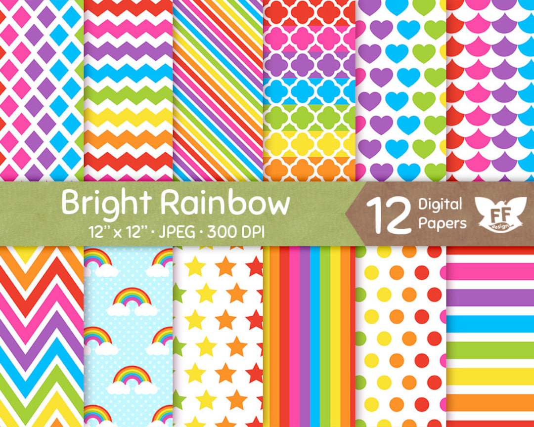 Rainbow Digital Paper, Bright Bold Color Papers, Seamless Pattern ...