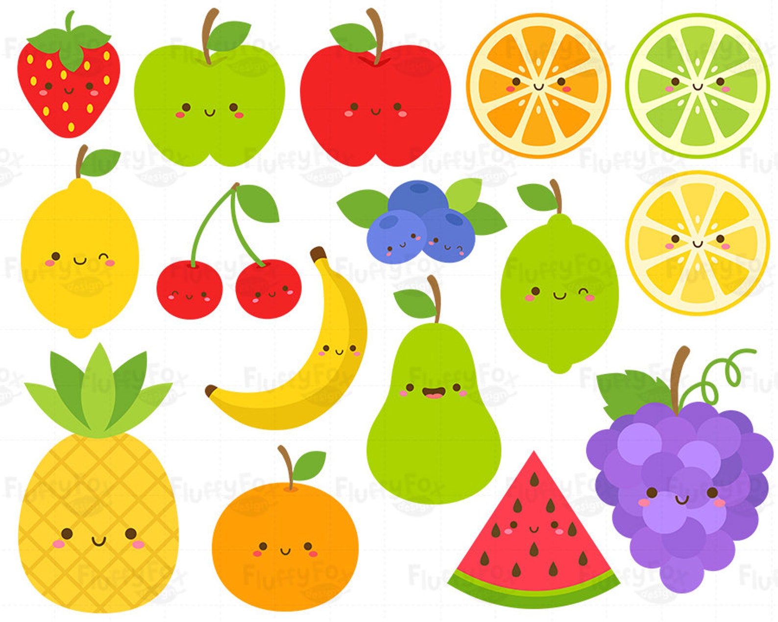 Kawaii Fruits Clipart Fruit Clip Art Grape Banana Pineapple - Etsy
