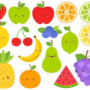 Kawaii Fruits Clipart, Fruit Clip Art, Grape Banana Pineapple Apple ...