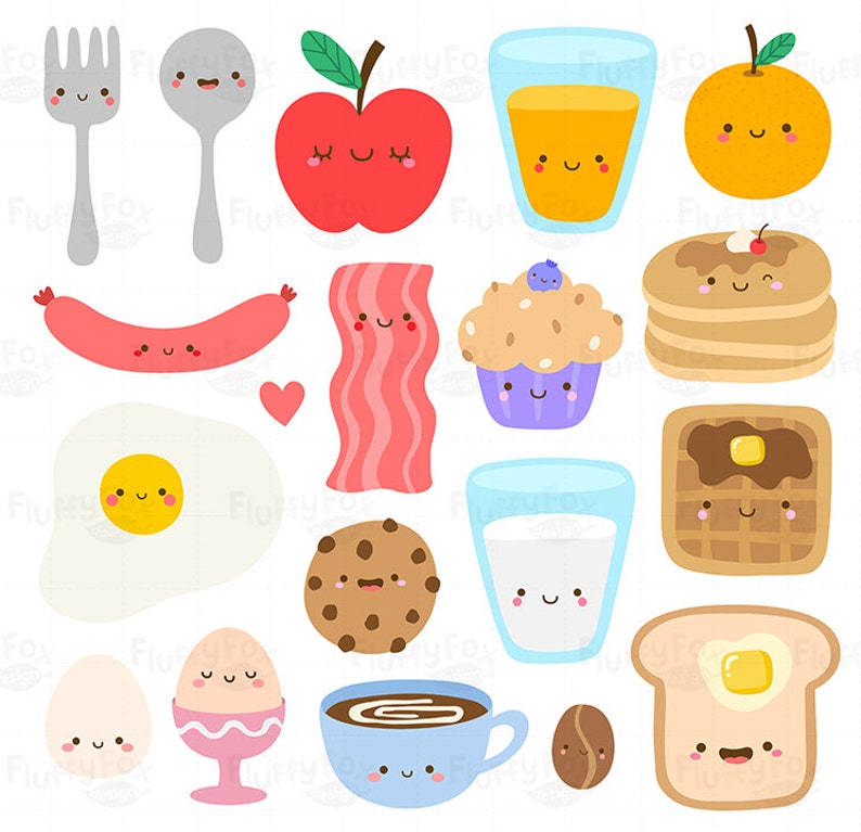 Kawaii Breakfast Clipart Cute Food Drink Cartoon Meal - Etsy