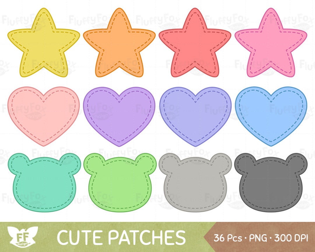 Cute Patches Clipart, Patched Shapes Clip Art, Patch Bear, Heart, Love ...