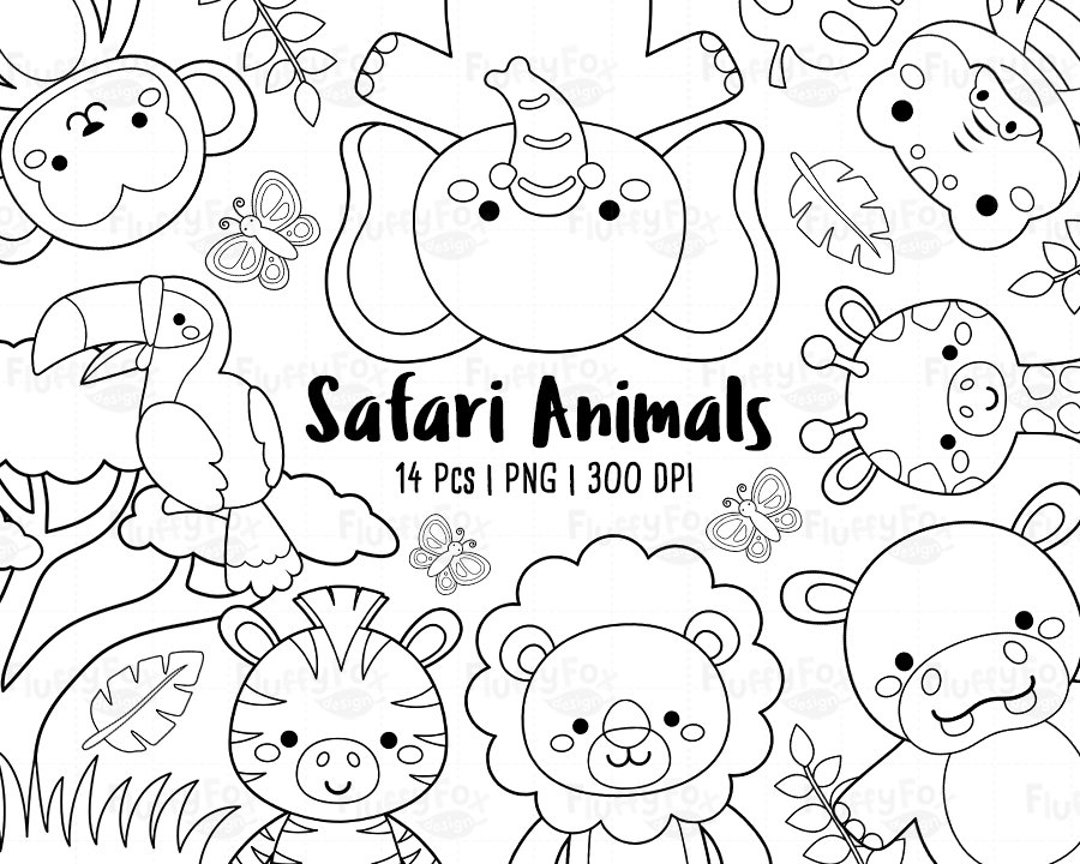 Safari Animals Digital Stamp, Wildlife Animal Coloring, Wild Cute Lion ...
