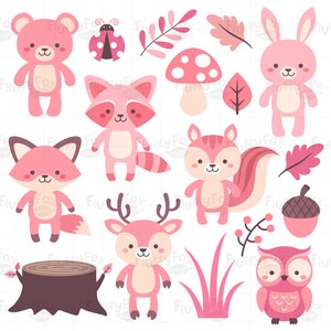 Pink Woodland Animals Clipart, Forest Animal Clip Art, Wild Cute Fox ...