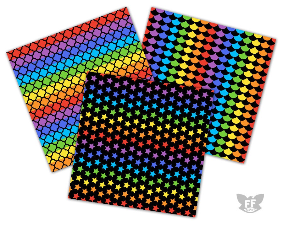 Black Rainbow Digital Paper, Bright Bold Color Papers, Seamless Pattern ...