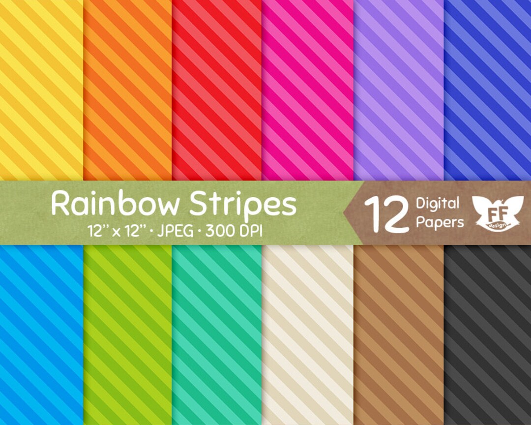 Rainbow Stripes Digital Paper, Diagonal Striped Papers, Bright Bold ...