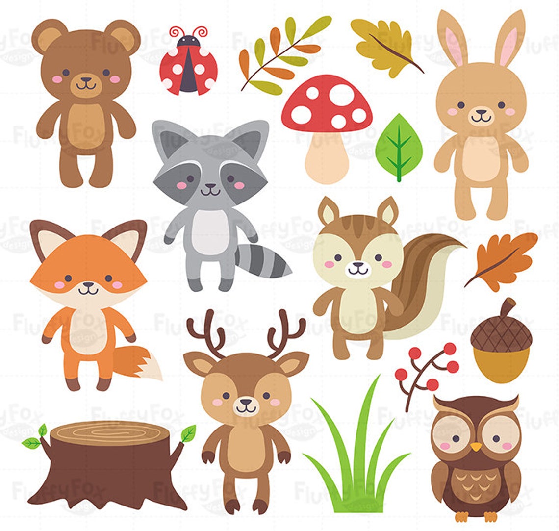 Woodland Animals Clipart, Forest Animal Clip Art, Wild Cute Colorful ...