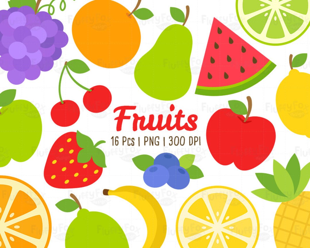 Fruits Clipart, Fruit Clip Art, Grape Banana Pineapple Apple Blueberry ...