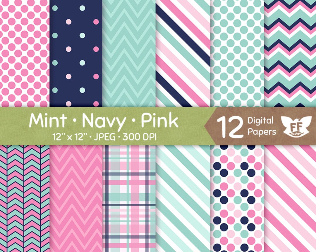 Mint Navy Blue Pink Digital Paper, Baby Shower Birthday Girl Boy ...