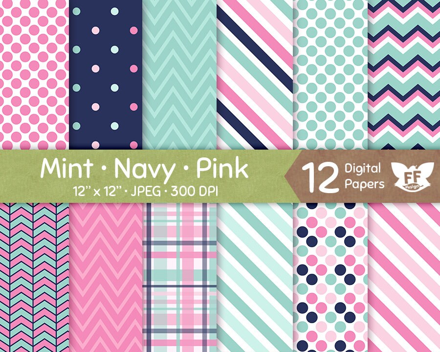 Mint Navy Blue Pink Digital Paper Baby Shower Birthday Girl | Etsy