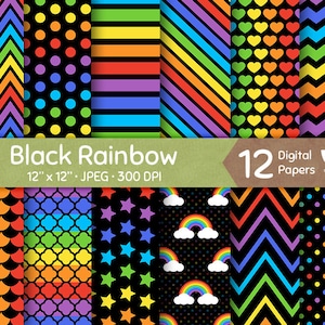 Black Rainbow Digital Paper, Bright Bold Color Papers, Seamless Pattern ...