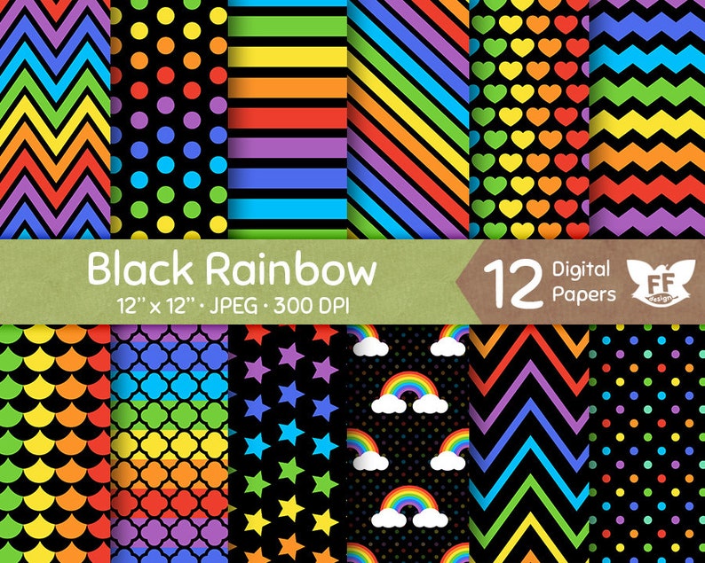 Black Rainbow Digital Paper, Bright Bold Color Papers, Seamless Pattern ...