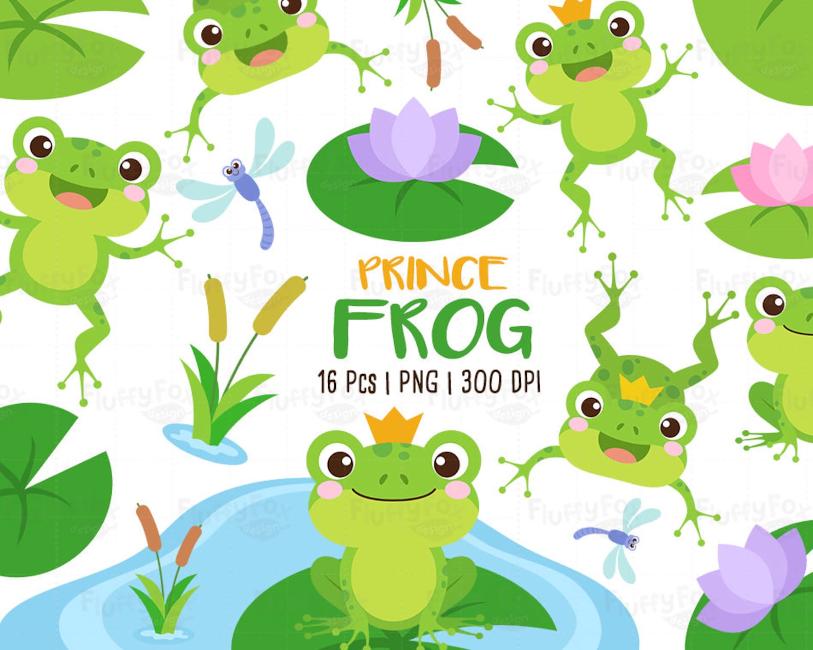 Prince Frog Clipart, Pond Animals Clip Art, King Water Lily Pads ...