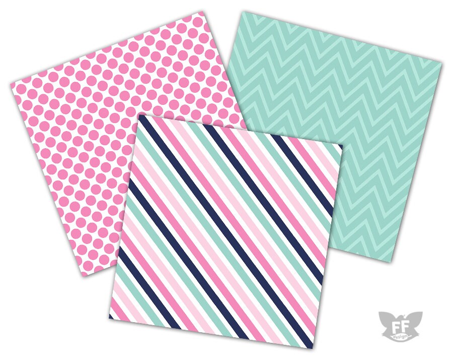 Mint Navy Blue Pink Digital Paper Baby Shower Birthday Girl | Etsy