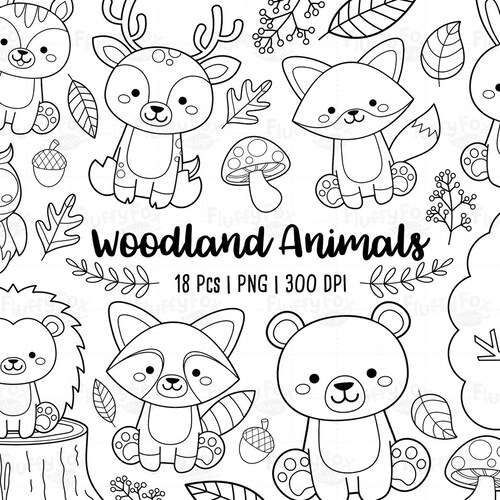 Woodland Animals Digital Stamp Forest Kids Coloring Cute - Etsy