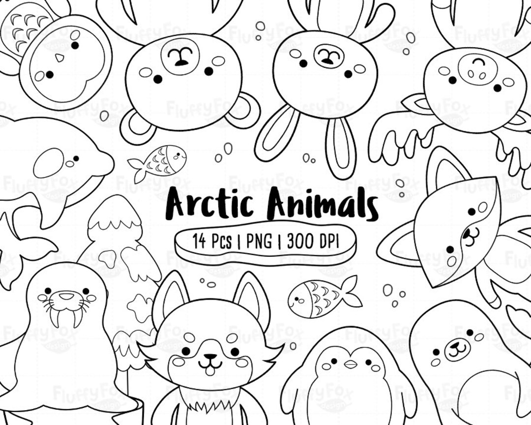 Arctic Animals Digital Stamp, Antartica Coloring, Lineart Winter Alaska ...