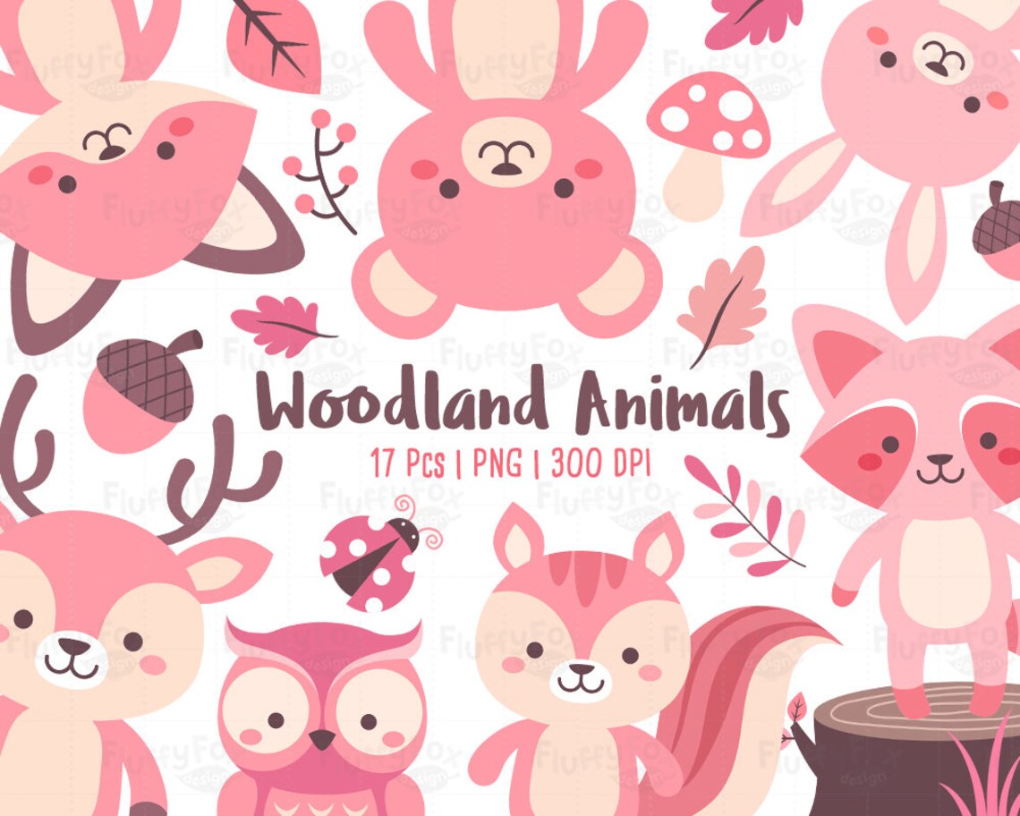 Pink Woodland Animals Clipart Forest Animal Clip Art Wild - Etsy