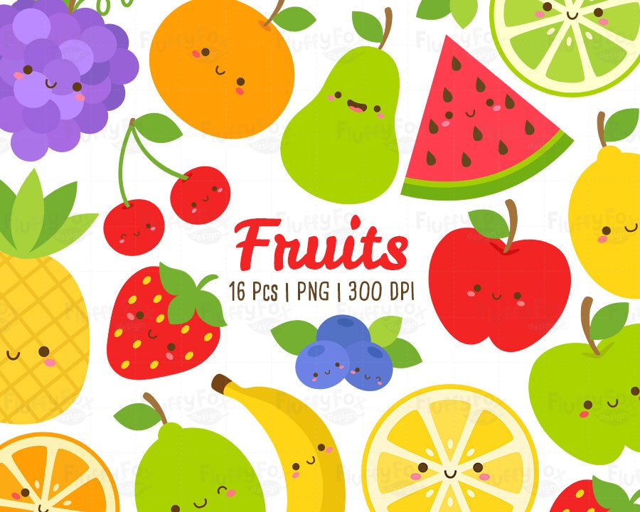 Kawaii Fruits Clipart, Fruit Clip Art, Grape Banana Pineapple Apple ...