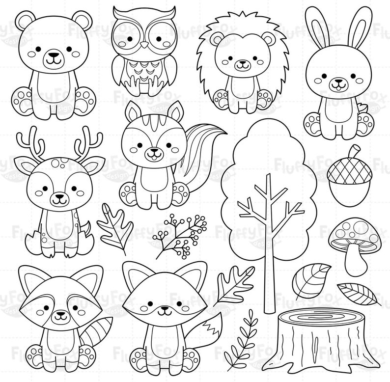 Woodland Animals Digital Stamp, Forest Kids Coloring, Cute Lineart Fox ...