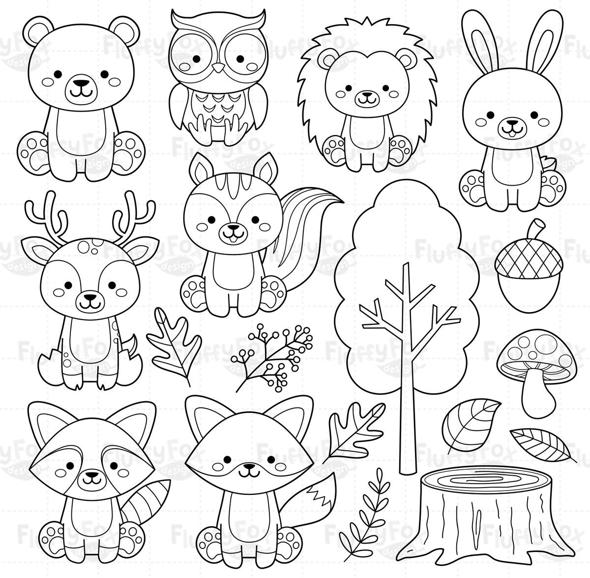 Woodland Animals Digital Stamp Forest Kids Coloring Cute | Etsy Canada