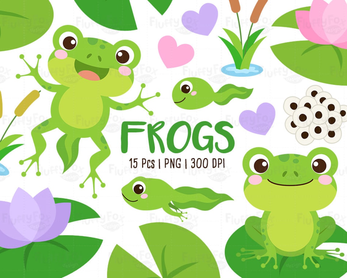 Frogs Clipart, Pond Animals Clip Art, Tadpole Froglet Egg-masses Water ...