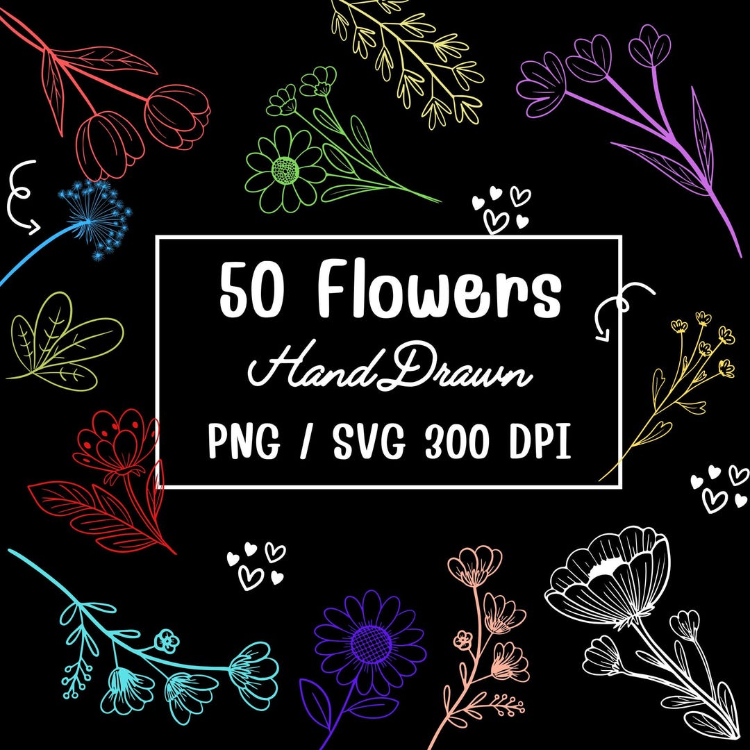 50 Hand Drawn Flower SVG Clipart: Floral Designs (digital Download ...