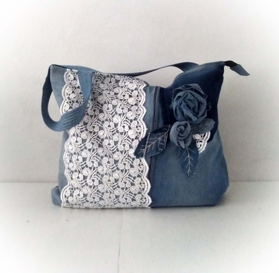 Denim Blue Boho Bag With Applique a Rose, Jean Patchwork Handbag With ...