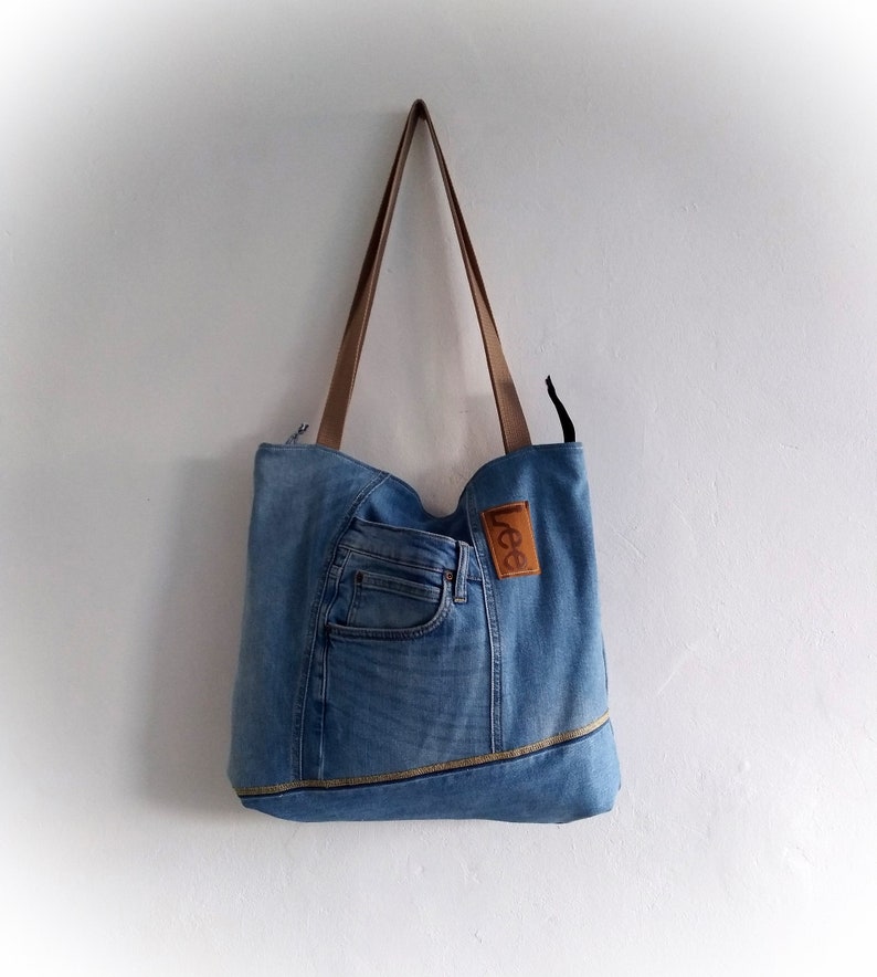 Recycled Jeans Light Blue Tote Bag, Upcycled Denim Handbag With Top ...