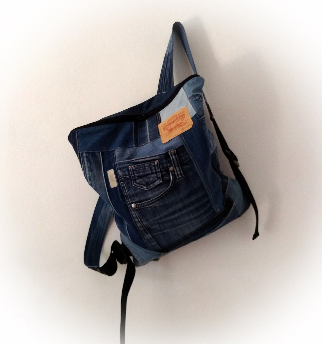 Reworked Denim Unisex Backpack, Outdoor Jean Rucksack, Recycled Denim ...