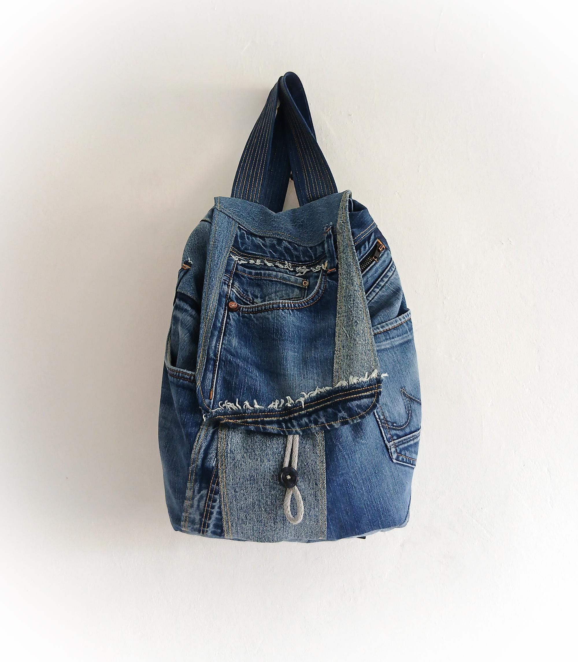 Recycled Denim Backpack, Patchwork Jeans Backpack, Vegan Outdoor Jean ...