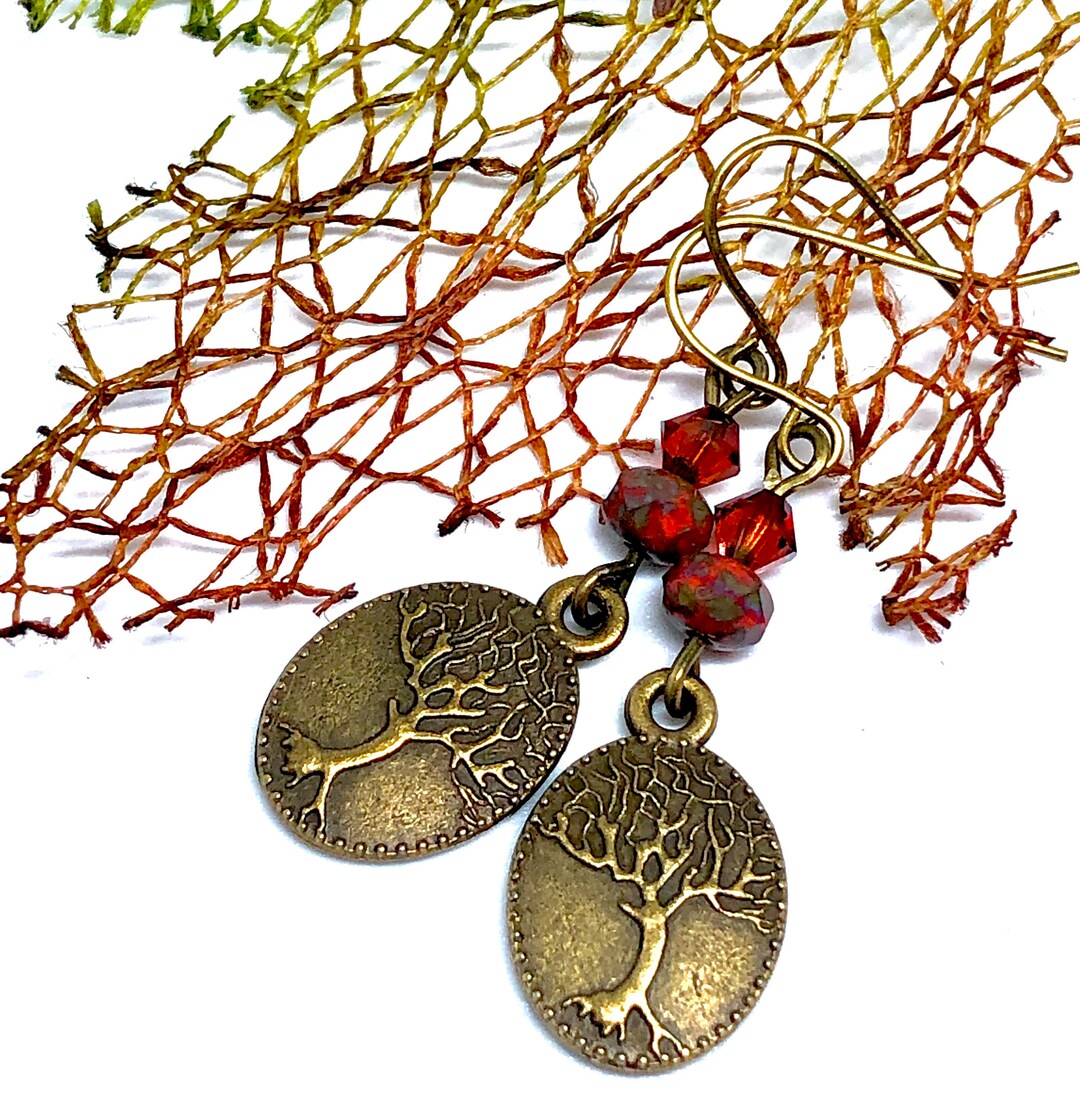 Antique Bronze Tone Tree of Life Oval With Rust Brown Picasso Czech ...