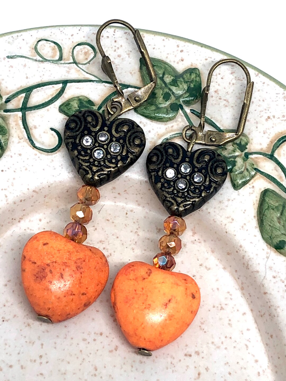 Victorian Style Orange Howlite Stone and Antique Bronze Tone With White ...