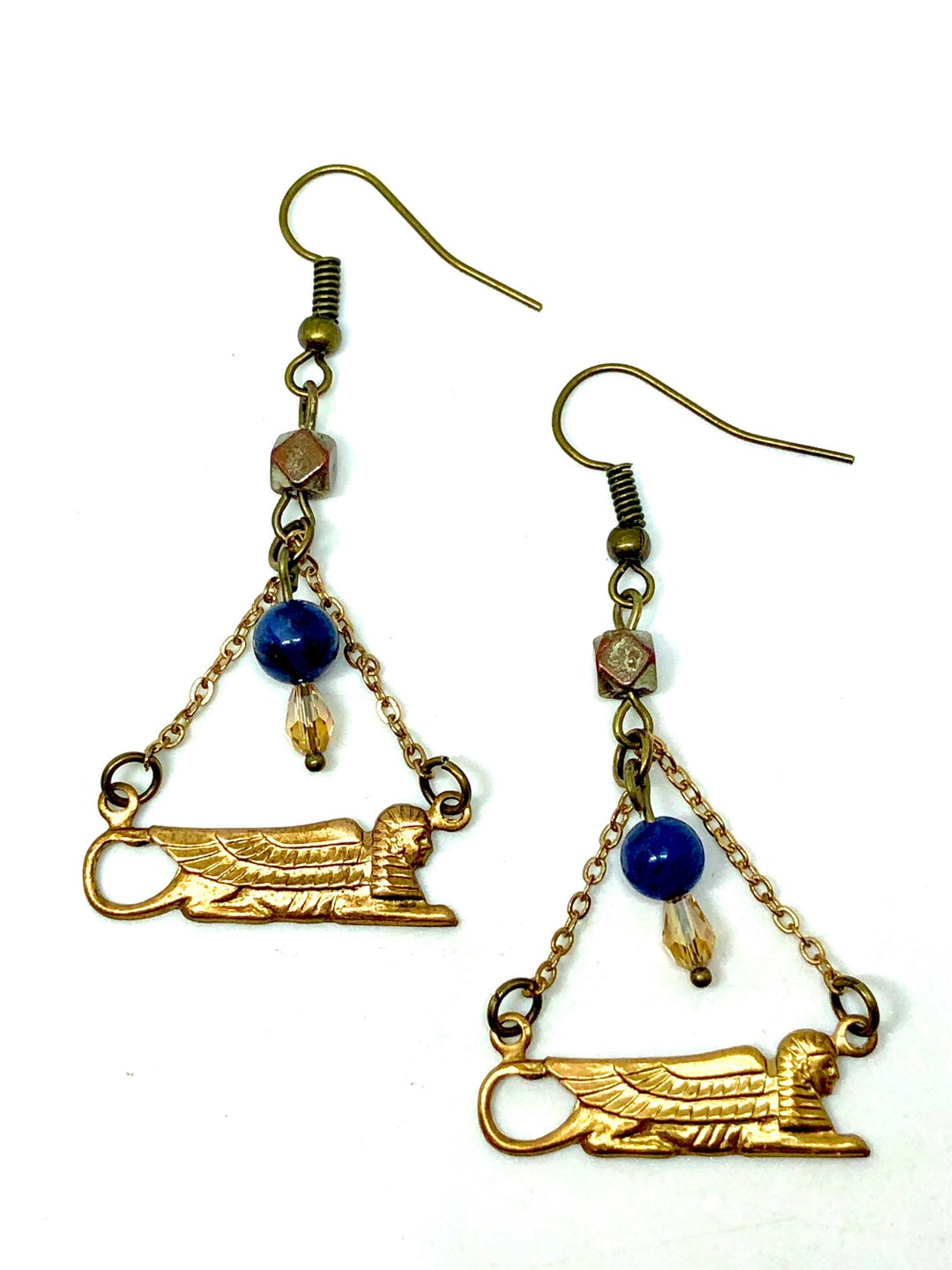 Egyptian Sphinx Blue Sodalite Stone Citrine Gold Crystal Chain Trapeze ...