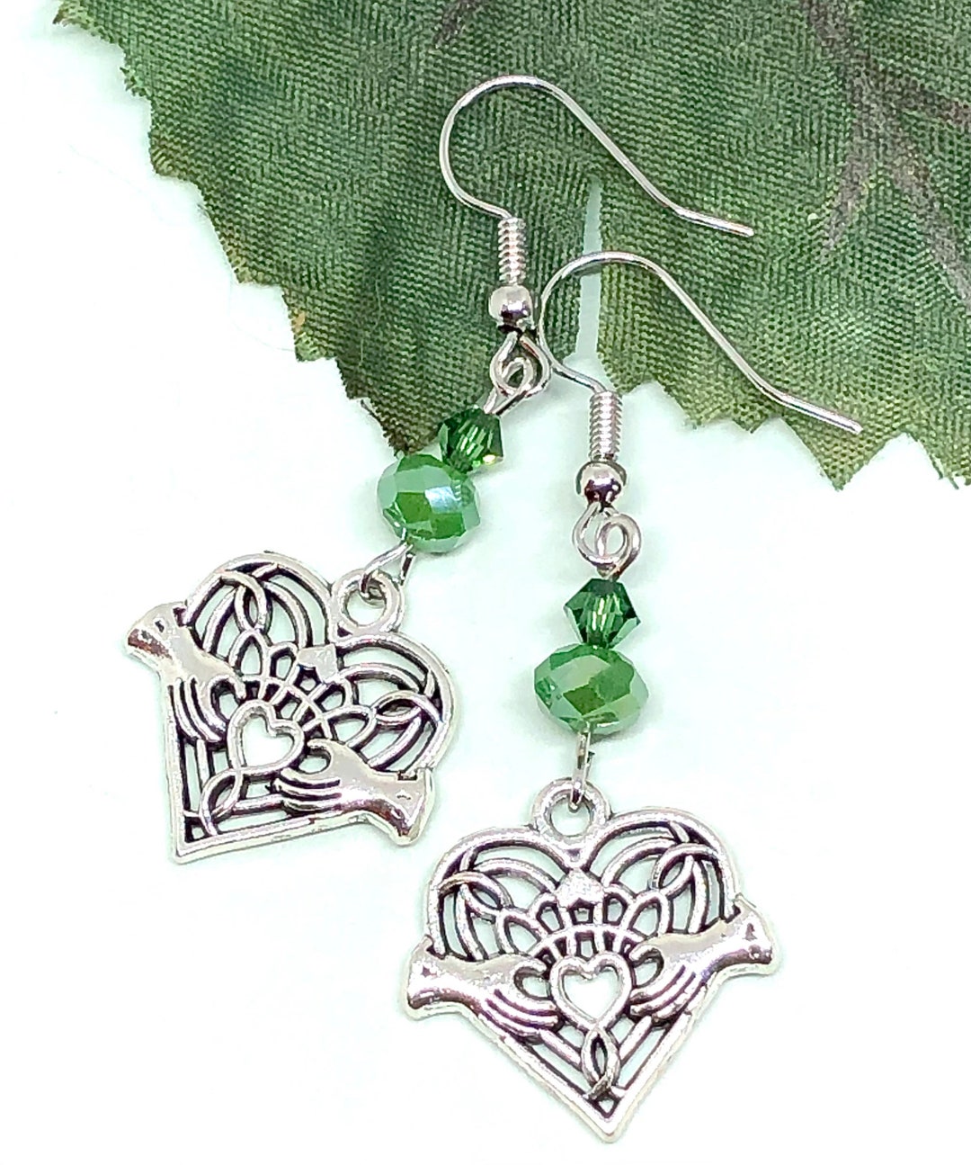 Irish Claddagh Filigree Heart With Green Glass and Swarovski Crystal ...