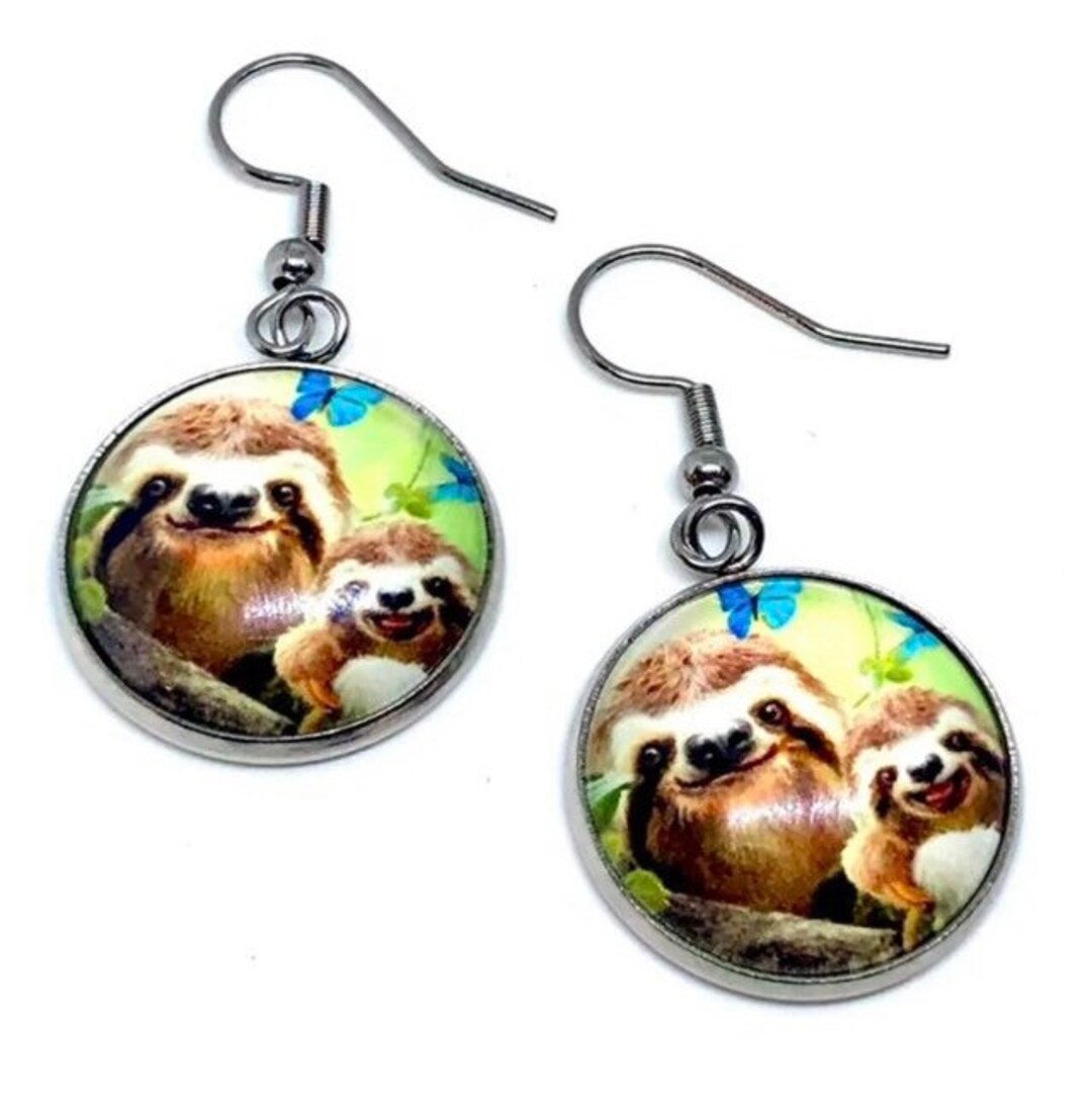 Mother Mom and Baby Sloth Pair Glass Dome Cabochon Round Dangle Silver ...