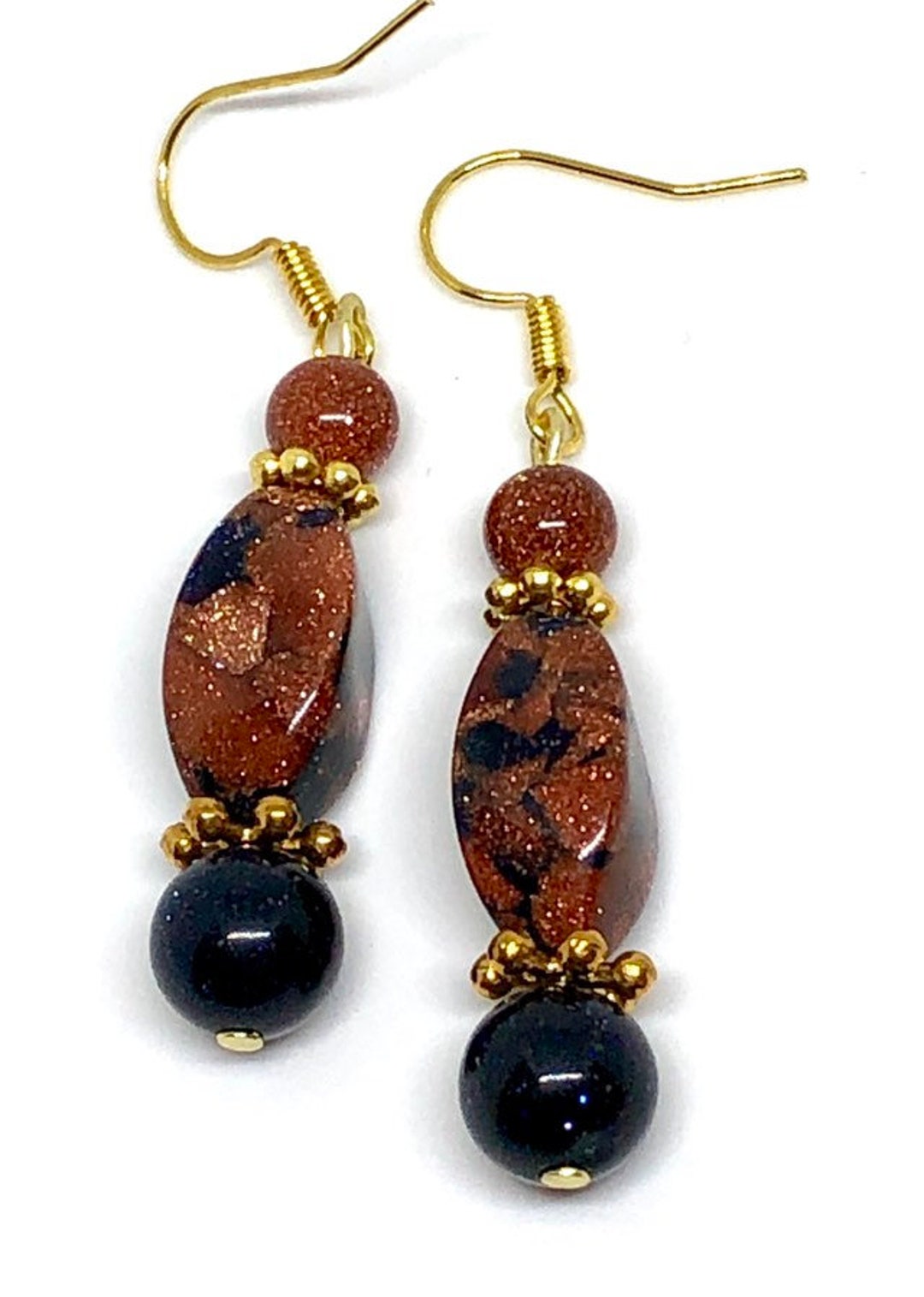 Sparkly Russet Red Goldstone and Blue Galaxy Sun Sitara Stone Gold Tone ...