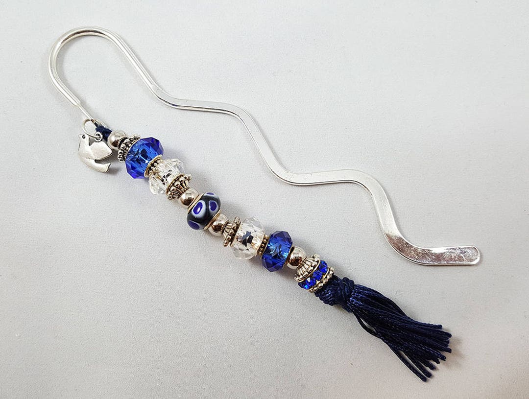 Royal Blue and White Bookmark With Dove Charm, Beaded Bookmarks ...