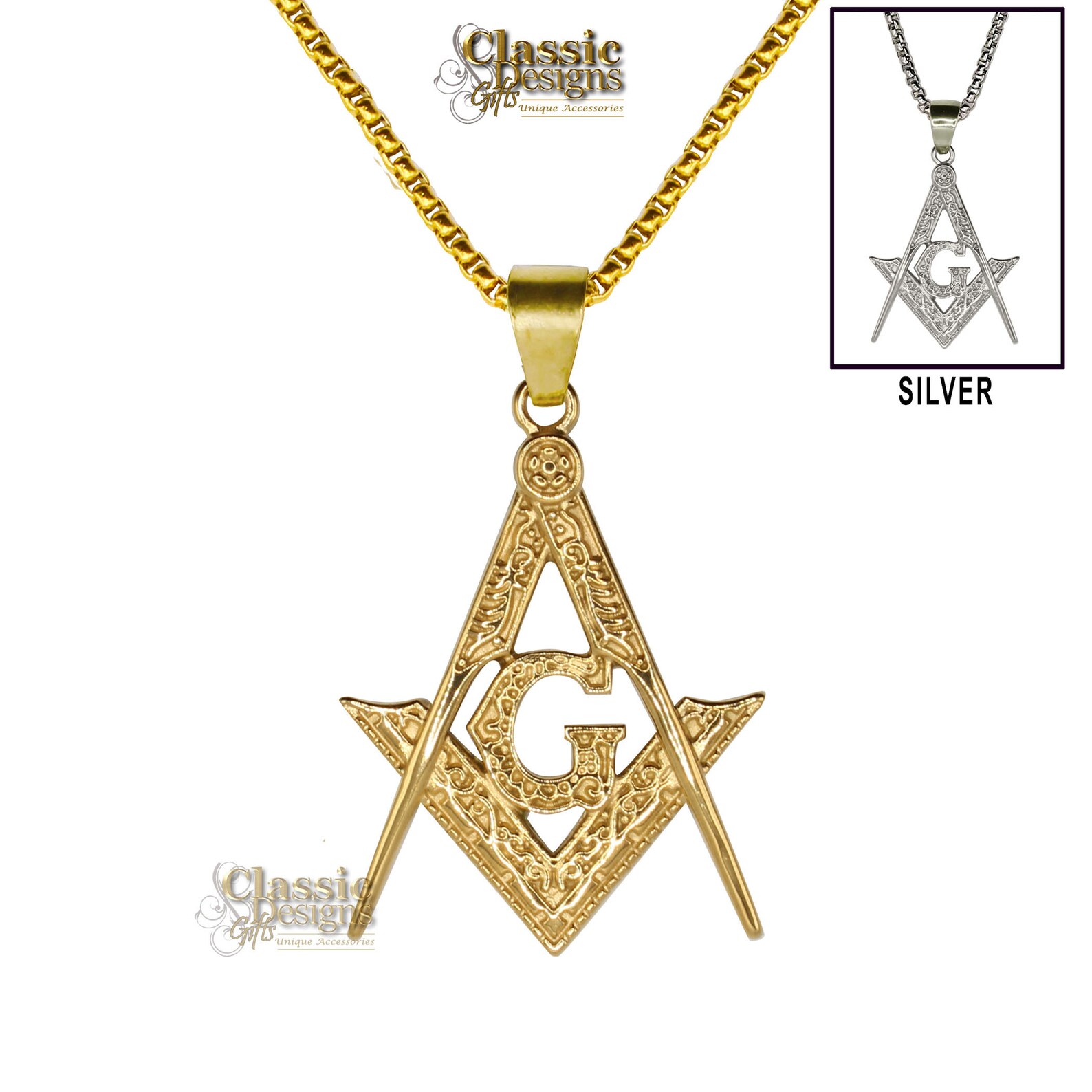 Masonic Master Mason Gold Pendant: Square and Compasses, 24-inch Chain ...