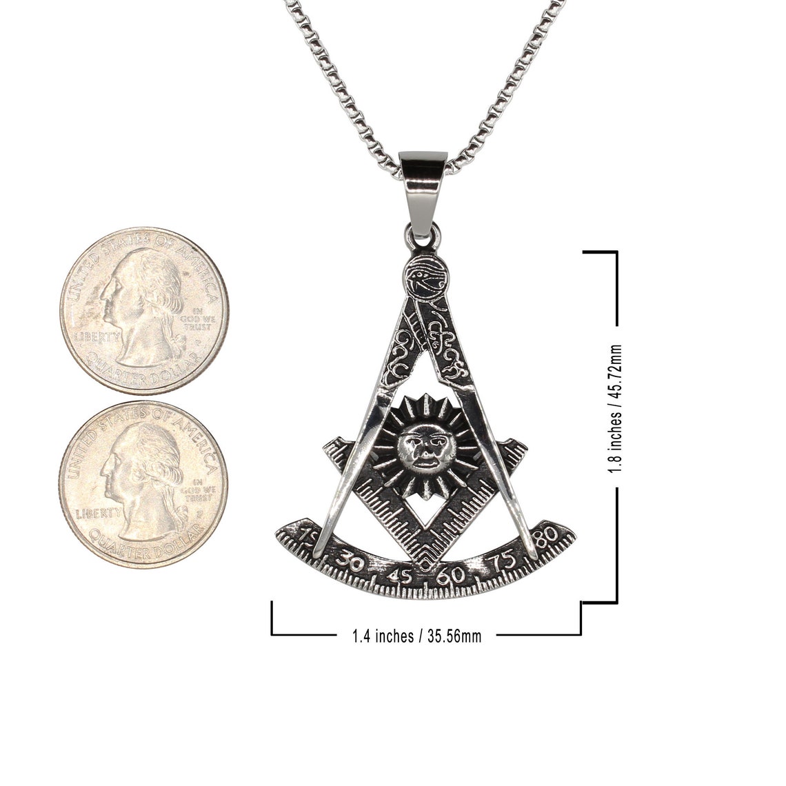 Masonic Past Master Pendant: Compass, Sun, Protractor - Stainless Steel ...