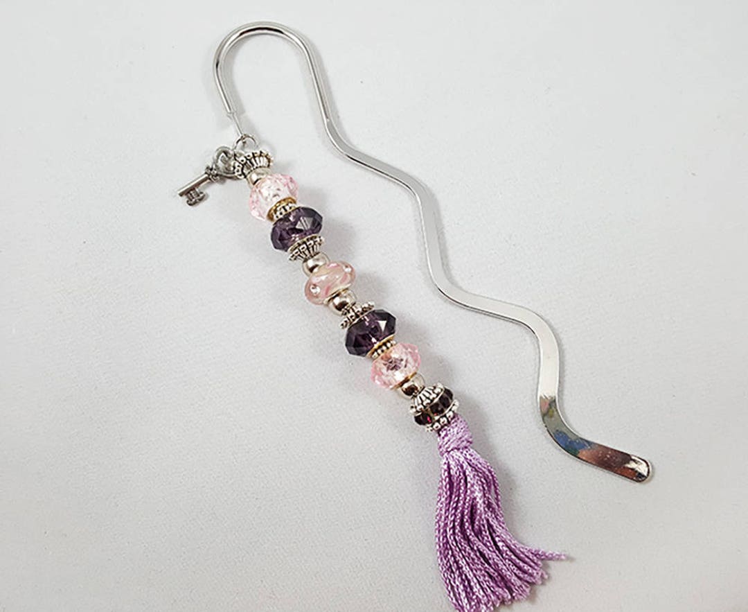 Purple and Rose Pink Bookmark With Antique Key Charm, Beaded Bookmarks ...