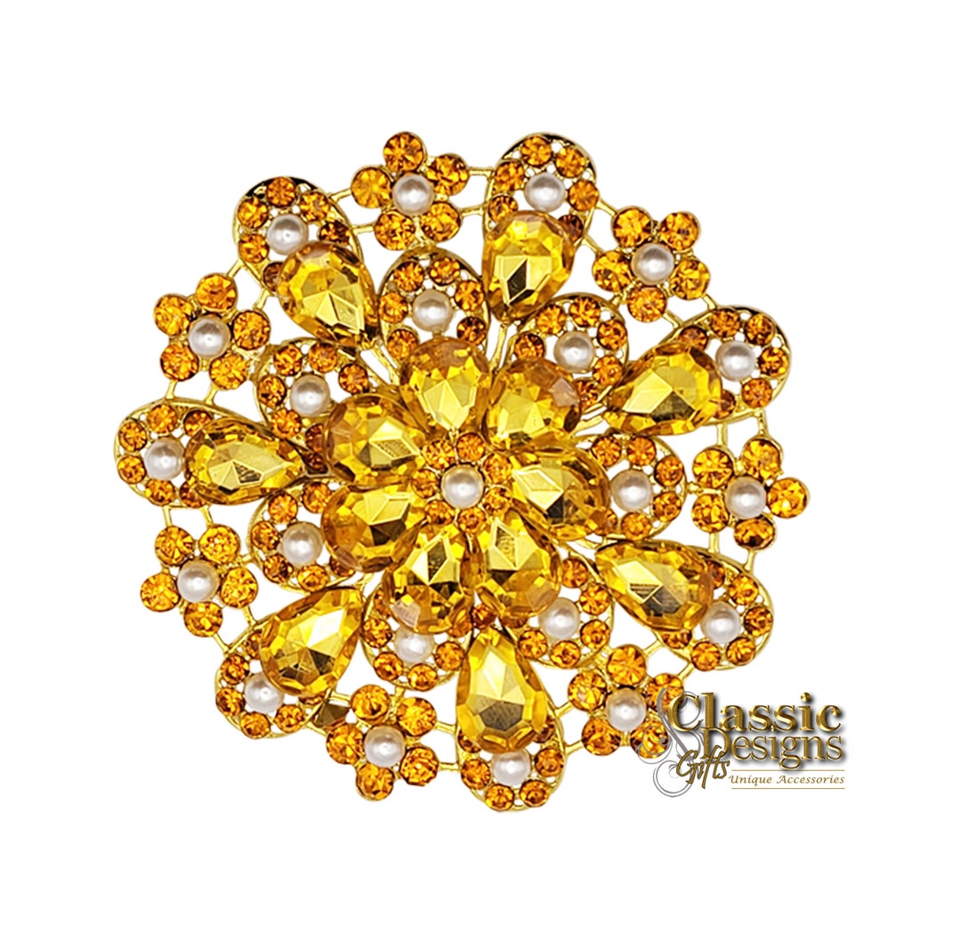 Gold - Yellow Crystal Brooch With White Pearls on Gold, Large 3-inch ...