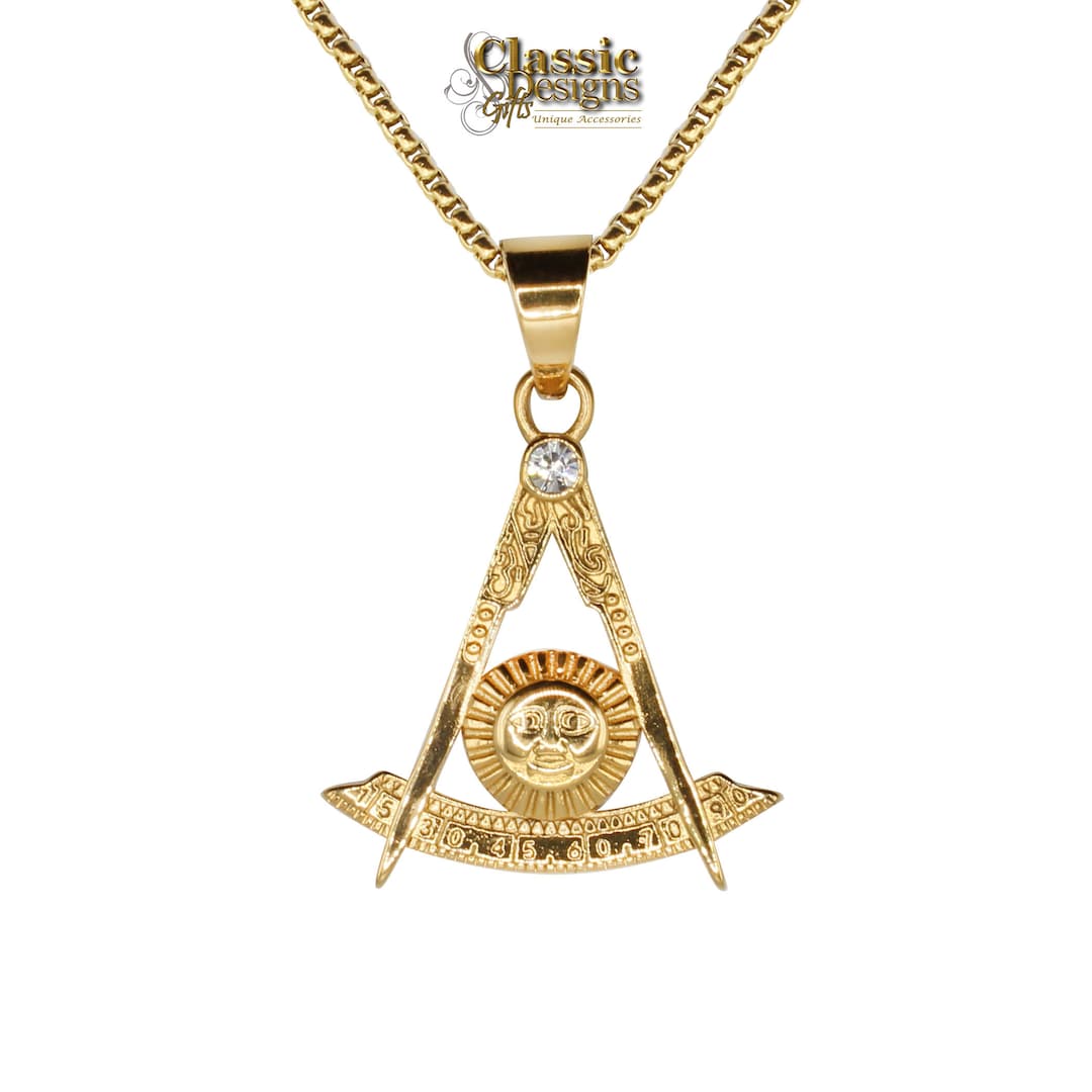 Masonic Past Master 18K Gold Plated Pendant Necklace - Compass Sun ...