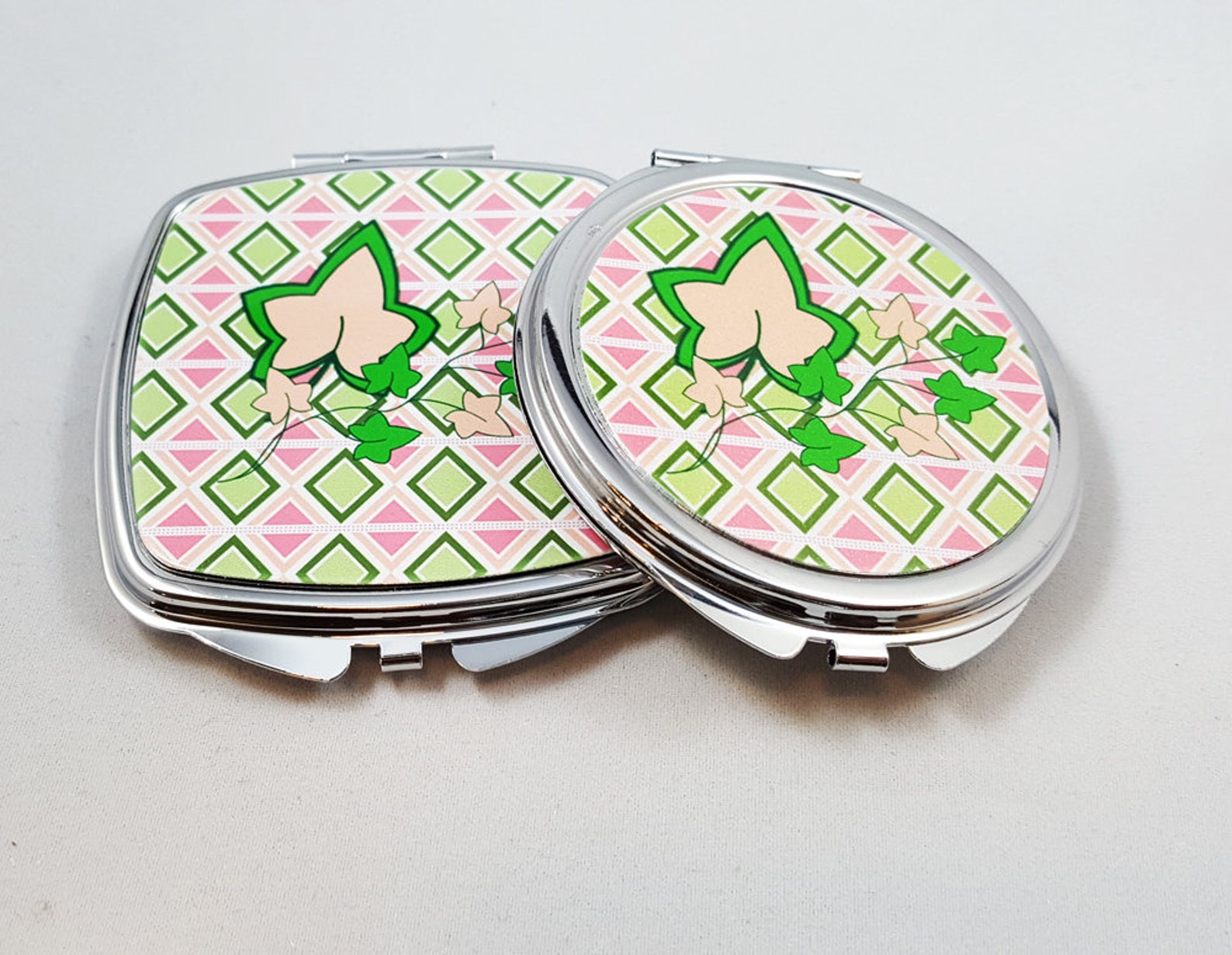 Pink and Green Compact Mirrors With Ivy Leaf, Personalized Compact Hand ...