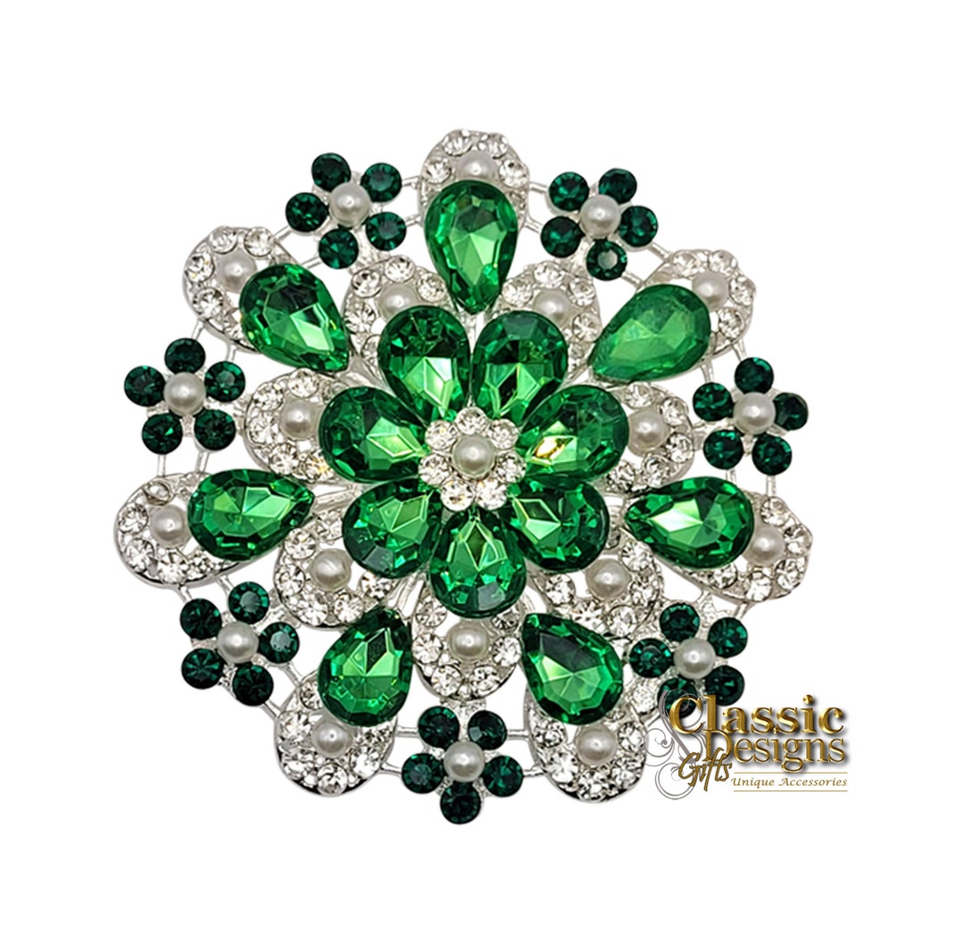 Green and White Crystal Brooch With Pearls, Large 3-inch Rhinestone ...