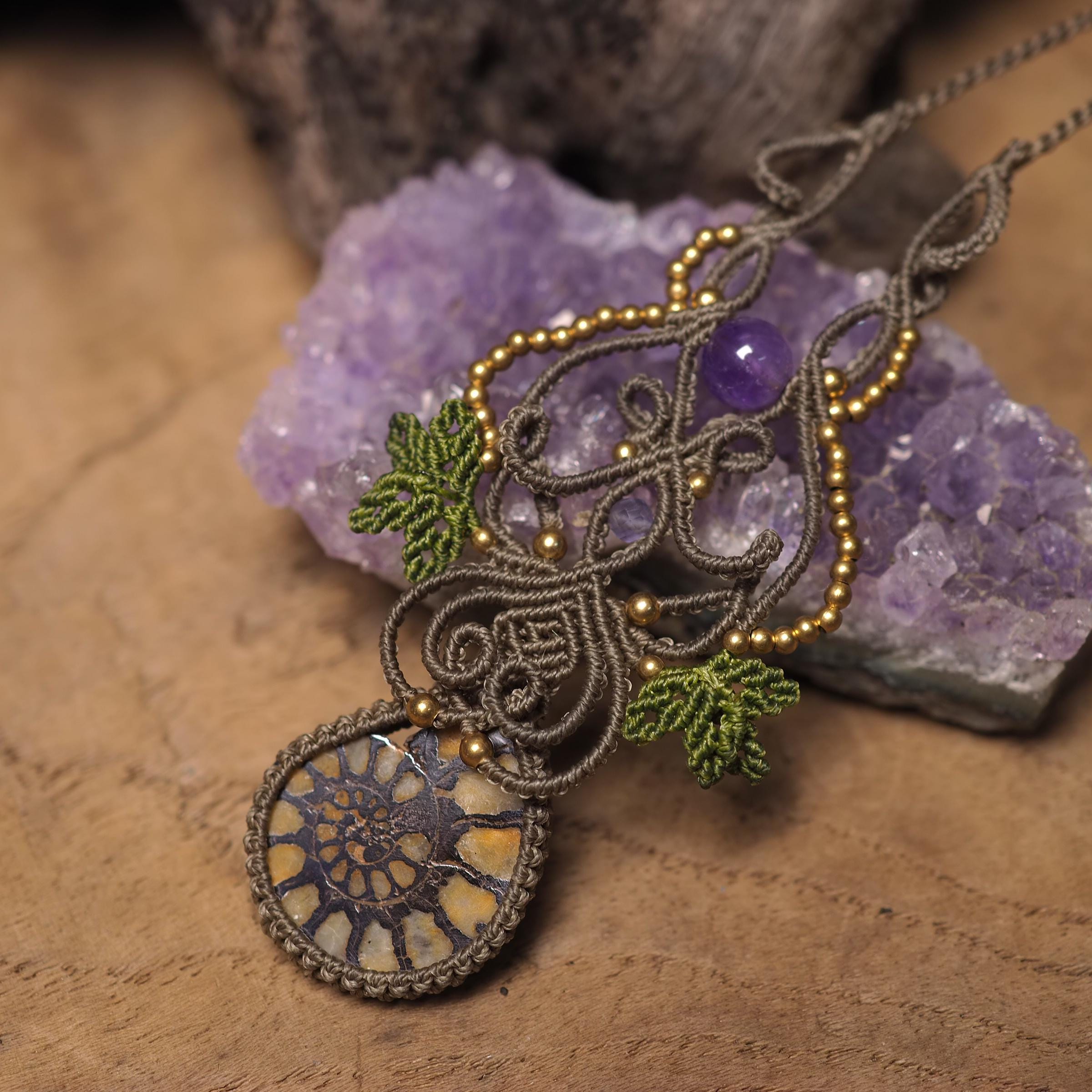 Moroccan Ammonite Fossil Macrame Necklace Pendant,bohemian Macrame ...