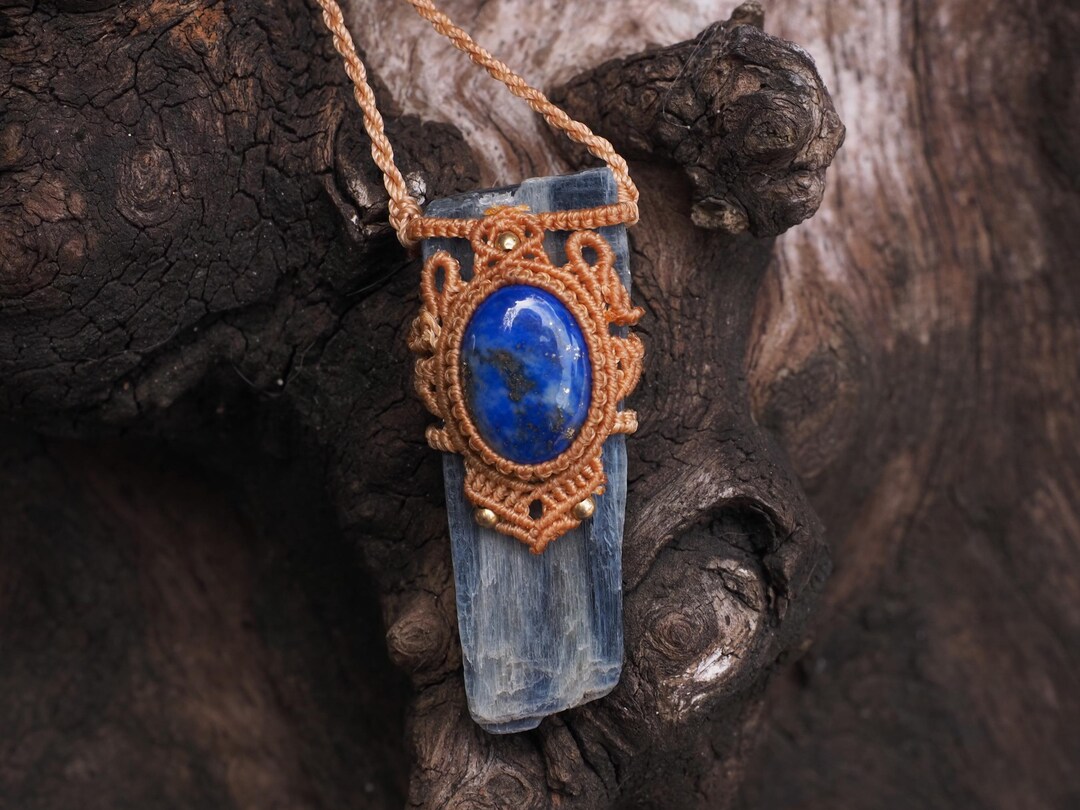 Lapis Lazuli With Kyanite Point Macrame Necklace Pendant,bohemian Macrame Handmade - Etsy