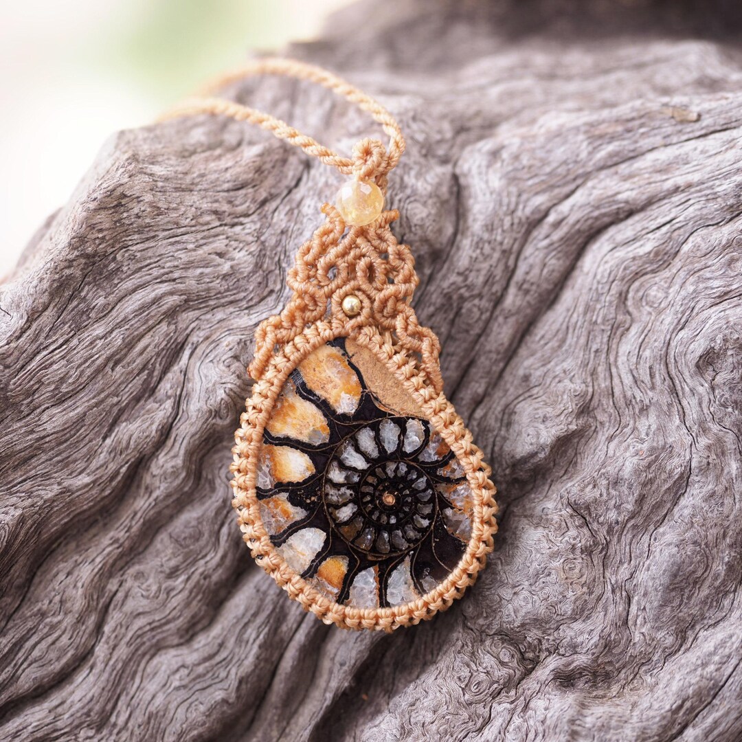 Moroccan Ammonite Fossil Macrame Necklace Pendant,bohemian Macrame ...
